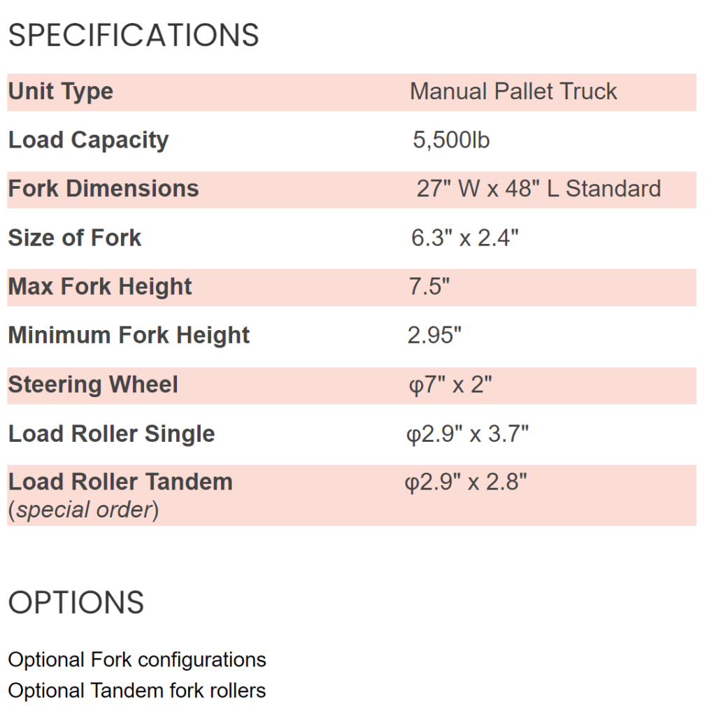 PALLET JACK – MANUAL AC55 Premium Manual 5500 Ibs. – ESS LIFTS